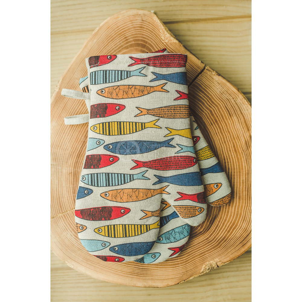 Oven mitts : Colourful half-linen oven mitt "Žuvys"